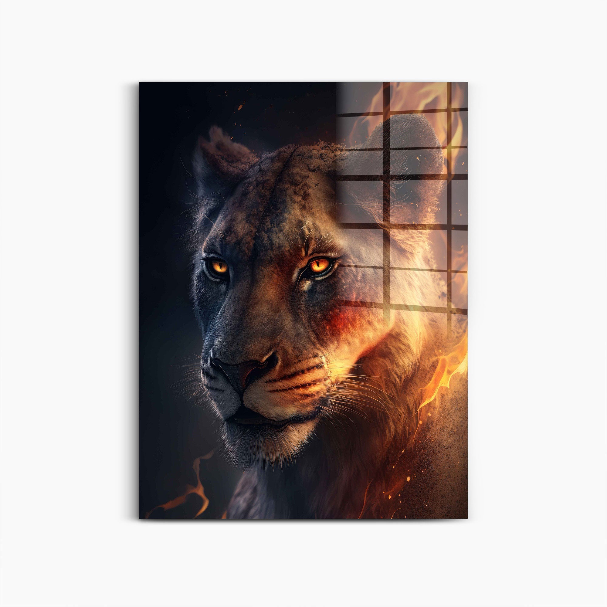Lioness Fire - Löwin Feuer Wandbild | Leinwand & Acrylglas